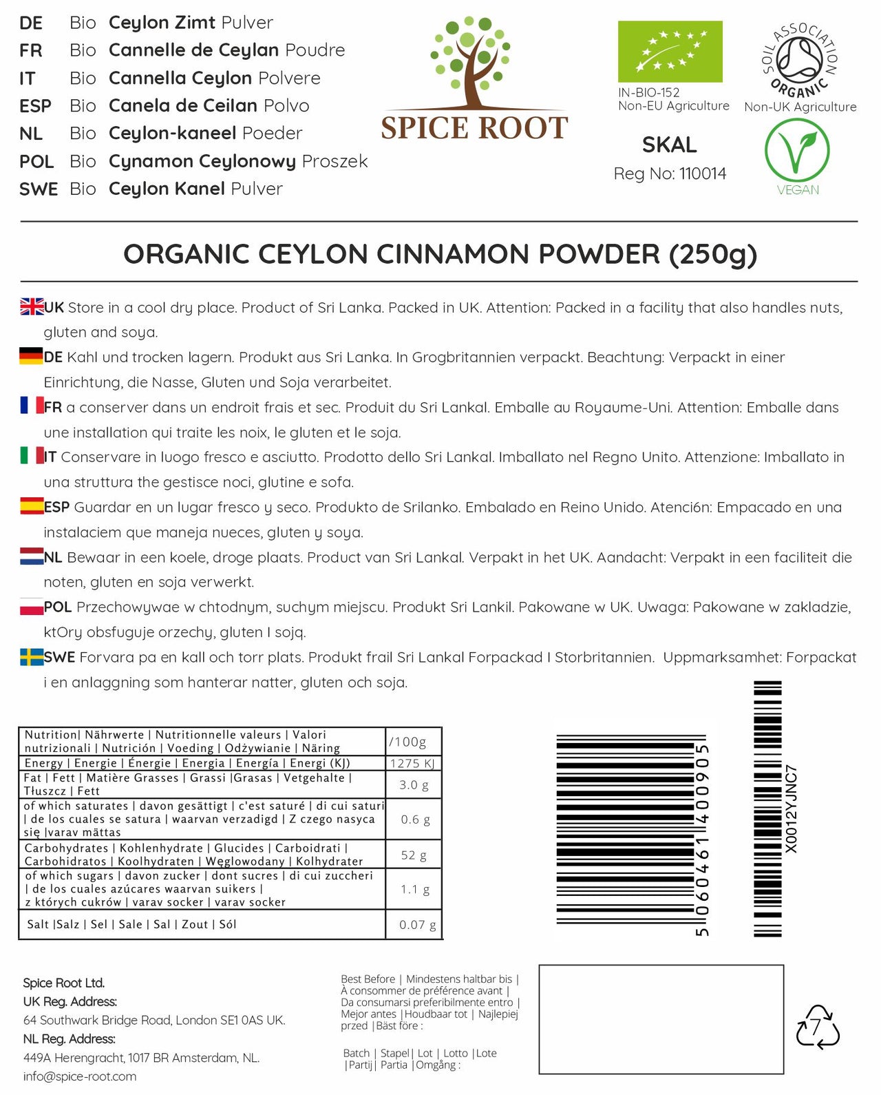 Spice Root Organic Ceylon Cinnamon Powder 250g